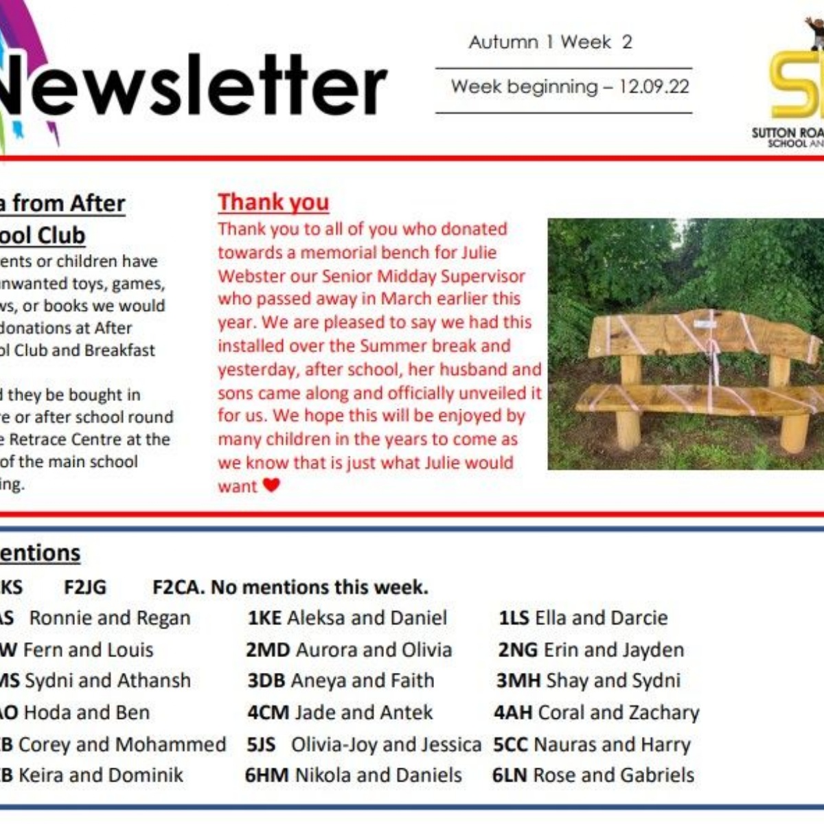 Sutton Road Primary School and Nursery - Newsletter week autumn 1 week 2
