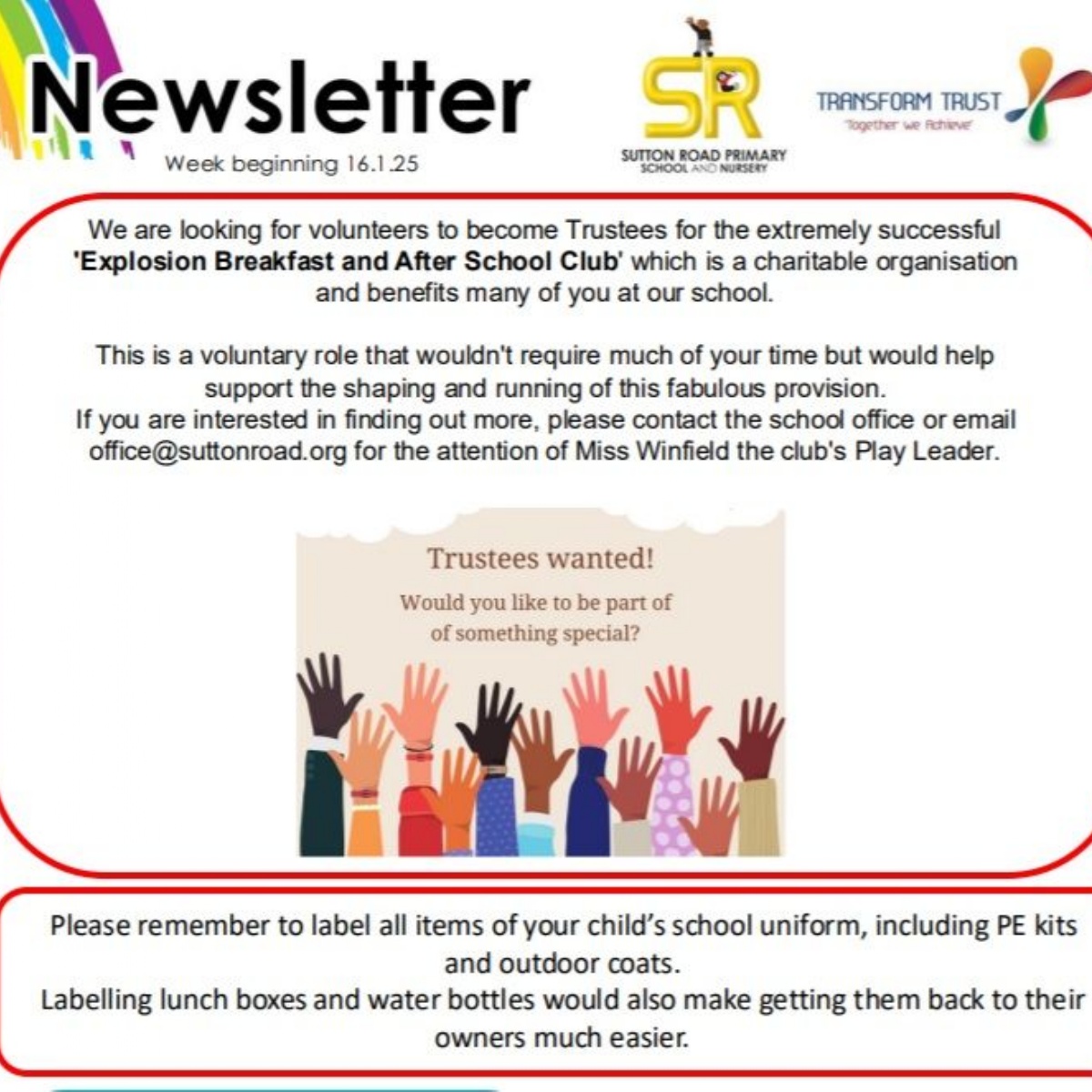Sutton Road Primary School and Nursery - NEWSLETTER W/C 06/01/2024
