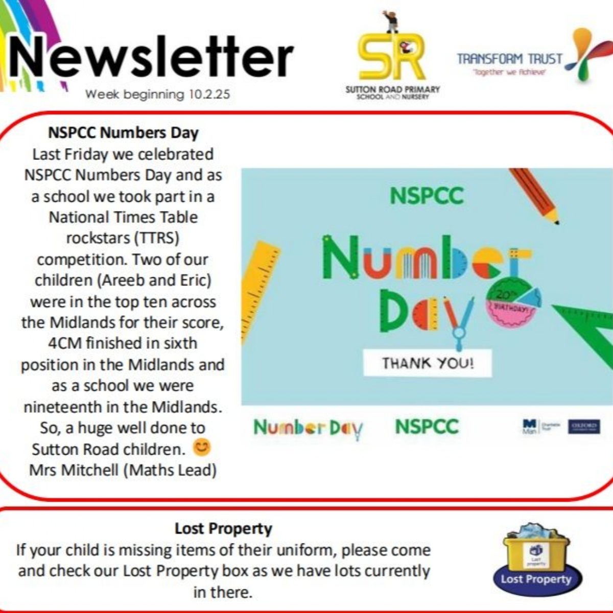 Sutton Road Primary School and Nursery - NEWSLETTER WC 10.02.25